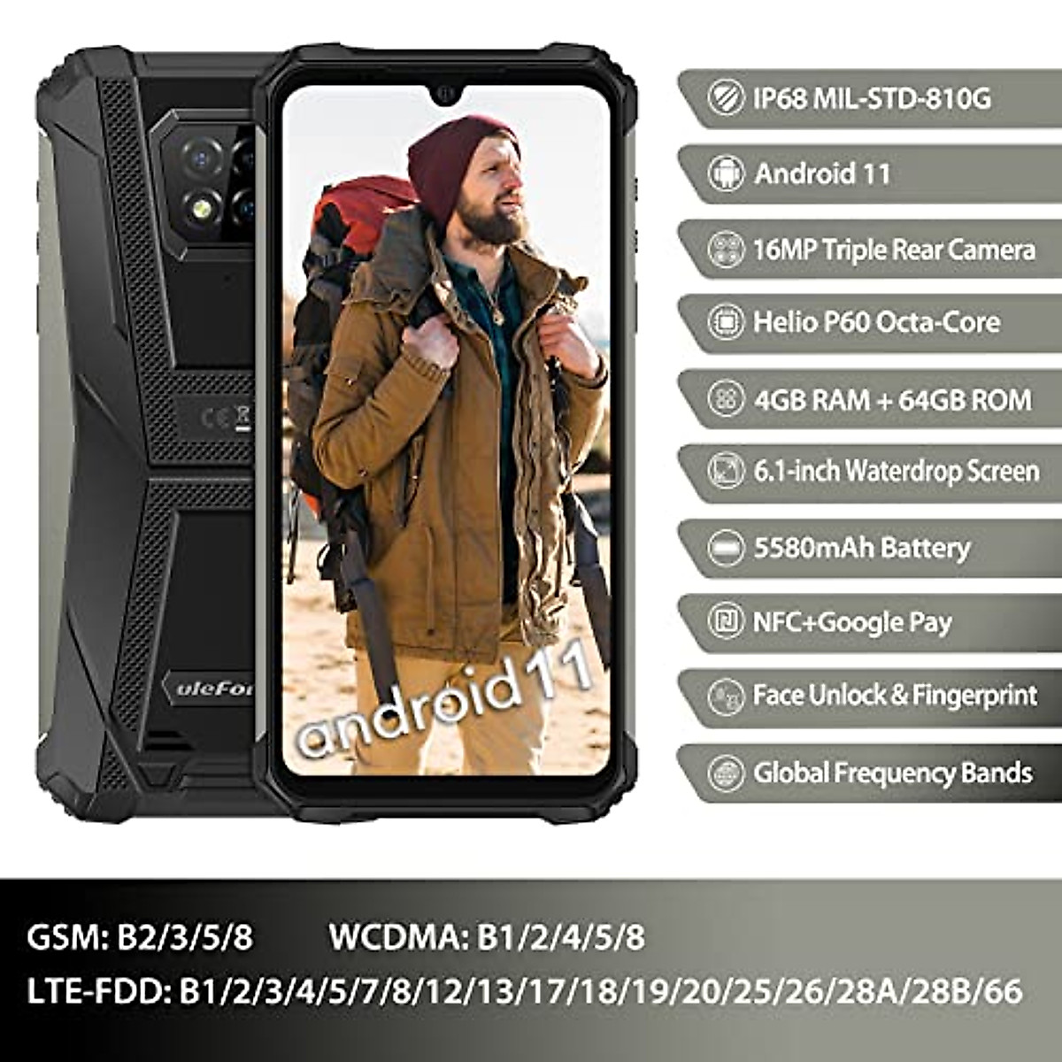 Ulefone Rugged Smartphone Unlocked, Armor 8 4GB + 64GB Android 11, 16MP Triple Waterproof Camera, IP68/IP69K Durable, 6.1 inch HD+, 4G Dual SIM, 5580mAh Battery, NFC, OTG, Fingerprint Face ID, Black