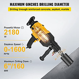 Happybuy Diamond Core Drill, 2180W 6"/160 mm, 1600RPM Variable Speed Core Drill Rig with Portable Case, Handheld Drilling Machine for Hard Stone, Concrete, Marble, Granite, Brick