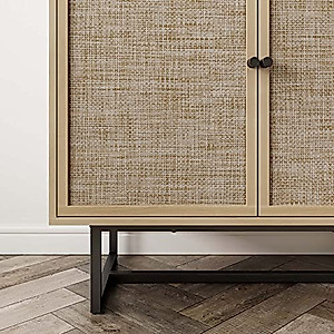 Nathan James Kova Accent Natural Storage Cabinet Sideboard Wood and Rattan with Matte Metal Frame, Adjustable Interior Shelves and Cane Doors, for Hallway, Entryway or Living Room, Light Oak/Black
