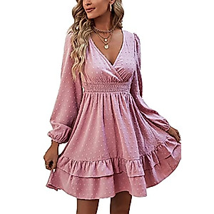 Rooscier Women's Wrap V Neck Swing Ruffle Swiss Dots Long Sleeve Mini Dress Solid Pink Medium