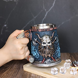 OTARTU Valhalla Viking Stainless Steel Single Handle Horn Skull Beer Stein Cup, Nordic Viking Warrior Skull Mug Tankard 17oz, Halloween Bar Drinkware Men’s Gift