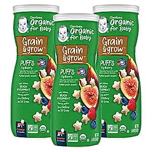 Gerber Organic for Baby Grain & Grow Puffs, Fig Berry, Non-GMO & USDA Organic Puffed Grain Snack for Crawlers, Baby-Led Friendly, 1.48-Ounce Canister (Pack of 3)