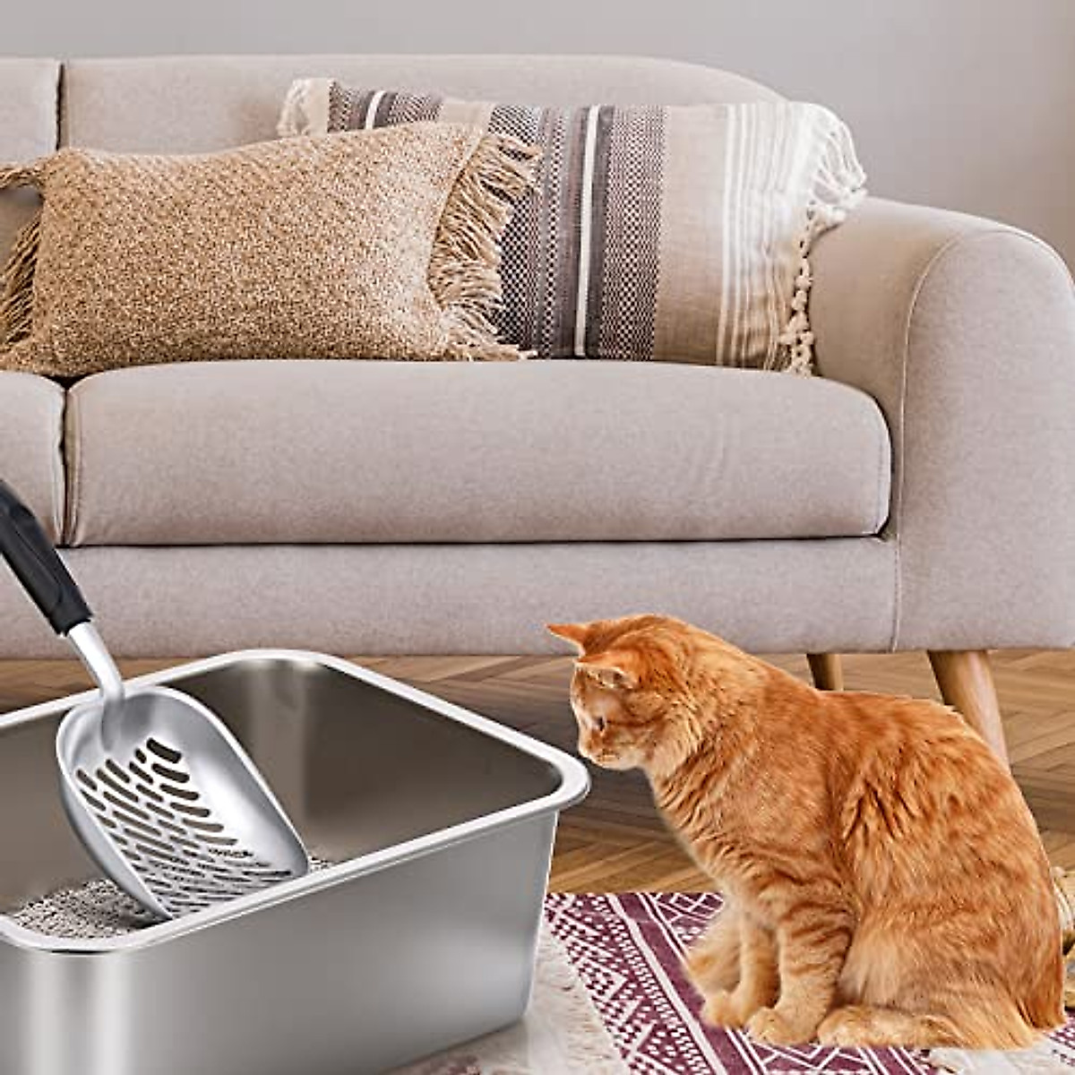 Zubebe 3 Pack Stainless Steel Cat Litter Box with 3 Pcs Cat Litter Scoop Cat Litter Box Metal Litter Scoops Never Absorbs Odor, Rustproof, Non Stick Smooth Surface (15.7 x 11.8 x 5.9 Inches)