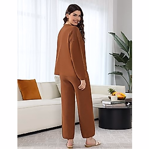 Jawmeu Sweater Sets Women 2 Piece Outfits Cozy Long Sleeve Knit Sweater Top Wide Leg Pants Lounge Sets(Caramel02-XL)