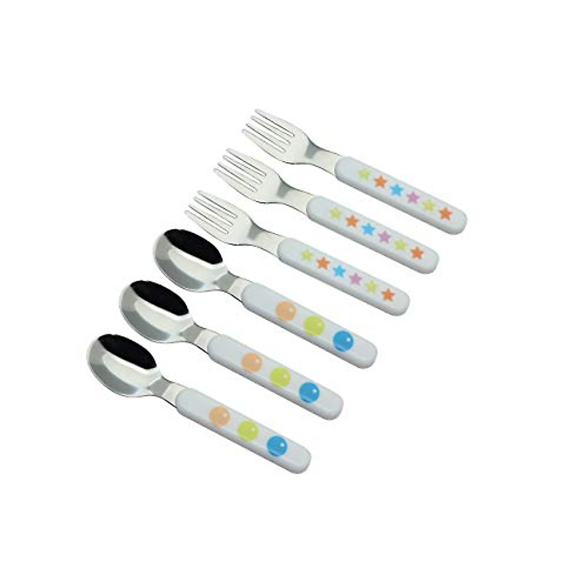 ANNOVA Kids Silverware 6 Pieces Stainless Steel Children's Flatware Set 3 x Forks, 3 x Dinner Spoons Plastic Handle, Toddler Utensils Without Knives, for Babies, Infants BPA Free - Dots Stars