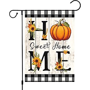 Louise Maelys Home Sweet Home Fall Garden Flag 12x18 Double Sided Vertical, Small Burlap Fall Farmhouse Rustic Buffalo Check Plaid Pumpkin Sunflower Garden Yard Flags Autumn Thanksgiving Outdoor Outside Home Decoration (ONLY FLAG)