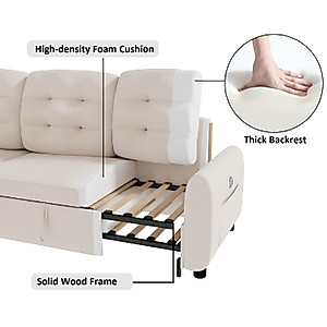 Ucloveria Sectional Sofa Couch, 87" Sleeper Sofa Bed with Reversible Storage Chaise Pull Out Couch for Living Room | Side Pocket | Charging Station | Removable Backrest | Linen Fabric, Beige