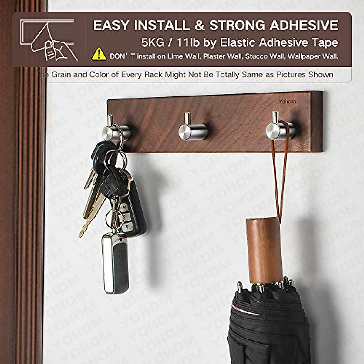 YOHOM Key Holder for Wall Adhesive Coat Hanger with Hooks Wood Hat Rack Wall Mounted Towel Hook Rail Organizer for Robe Washcloth Closet Entryway Door Kitchen Hallway
