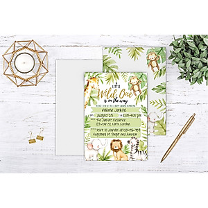 Your Main Event Prints Jungle Baby Shower Invitations, Safari Elephant, Giraffe, Lion and Monkey Baby Shower Invites with Diaper Raffles Cards, Sprinkle, 20 Invites Including Envelopes
