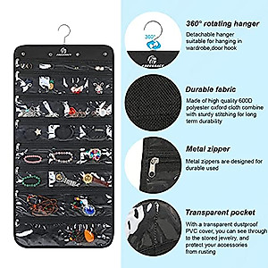 Freegrace Hanging Jewelry Organizer Revolving Hanger - Secure Zipper Closure - 50 Pockets - Foldable Storage & Display Solution - For All Jewelry & Bijoux (Black)
