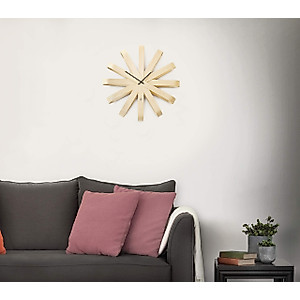 Umbra Ribbonwood Large Modern Wall Clock, Battery Operated, Silent, Non Ticking, Unique, 20" Diameter x 4” Width x 20" Height, Natural