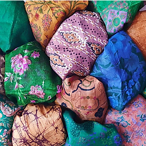 Vintage Sari Fabric 14 Pcs Brown & Green 12"*20" Silk Sari Scrap Remnants Lot for Journal Scrapbook Wrap Craft Project Jewelry Applique DIY Gift Wrap BRGR14