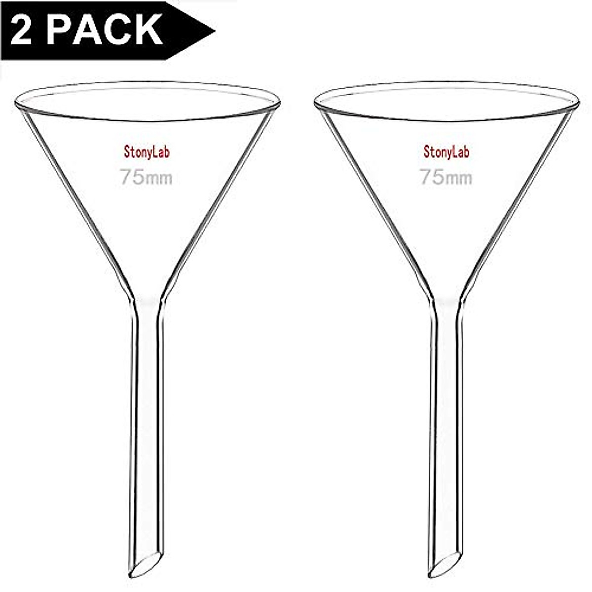 StonyLab 2-Pack Glass Heavy Wall Funnel Borosilicate Glass Funnel, Short Stem 75mm Diameter, 75mm Stem Length