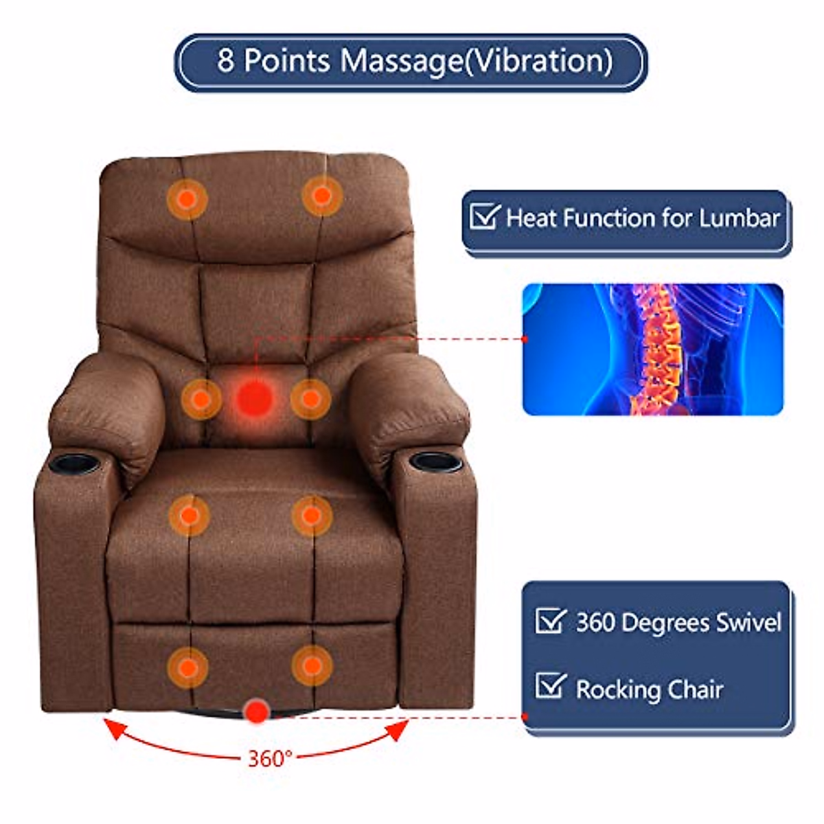 Esright Coffee Fabric Massage Recliner Chair 360 Degrees Swivel Heated Ergonomic Lounge Chair