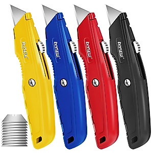 DIYSELF 4 Pack Box Cutters, Utility Knife with 10 Pcs Blades, Box Cutter Heavy Duty for Carpet, Cardboard, Vinyl, and Paper, Sharp Razor Knife, Package Opener, Box Cutter Retractable, Box Cutter Knife