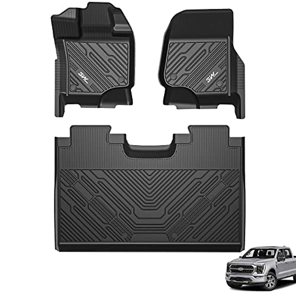 3W Floor Mats Fit for Ford F150/F-150 Lightning SuperCrew Cab 2015-2024, TPE All Weather Custom Fit Car Accessories 1st and 2nd Row Full Set Car Liners (Without Under-Seat Storage)