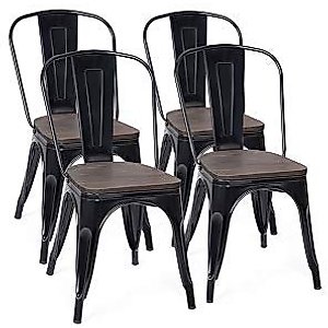 LDAILY Metal Dining Chairs Set of 4, Stackable Industrial Vintage Home Chairs, Bar Stools, Stable Steel Frame for Indoor & Outdoor, Ideal for Patio, Cafe, Restaurant, Kitchen (Gun Color)