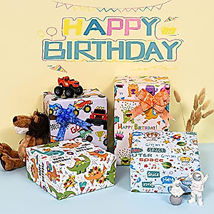 PlandRichW Birthday Wrapping Paper for Boys,Baby,Kids.Gift Wrapping Paper Includes Dinosaur Monster Truck Astronaut 4 Cute styles for Baby Shower Party Holiday.12 Sheets Folded Flat 20" X 29"