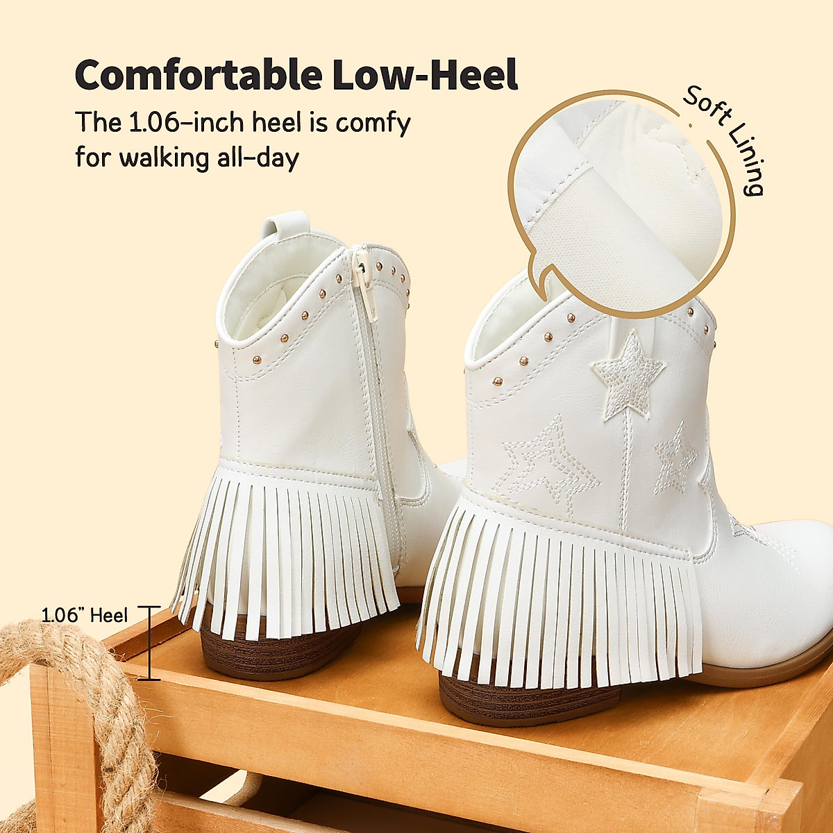 DREAM PAIRS Girls Cowgirl Cowboy Ankle Western Boots Side Zipper Riding Shoes with Tassel Sdbo2302K White Size 3 Little Kid