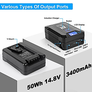 FXLION Nano ONE Upgraded V Mount Battery,50Wh 14.8V 3400mAh V Lock Battery Built-in Wireless Charger,with D-Tap,USB-A,USB-C Ports for Cameras/Camcorders/MacBook/Smartphone/Monitors