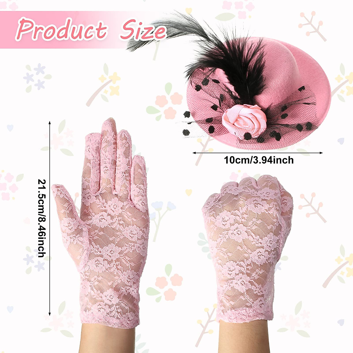 4 Sets Women Tea Party Hat and Gloves Fascinators Hats for Women Girls Kids Tea Party Headband with Lace Fascinator Gloves Mini Tea Party Hats Cocktail Party Supplies Fancy Hair Fascinators