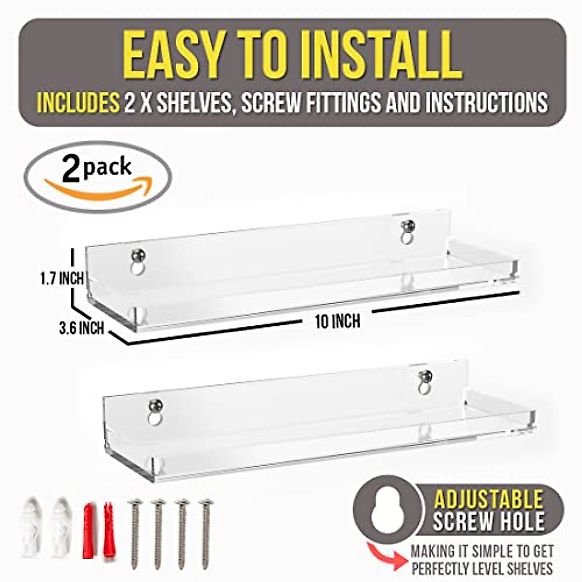 Pretty Display Invisible' Bathroom Shelf Wall Mounted [2 Pack] 10 inch Clear Acrylic Shelves Extra Strong & Easy to Wall Mount