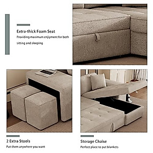 Eafurn L Shaped Reversible Sleeper Sectional Sofa Pull Out Couch Bed with Storage Chaise Lounge and 2 Stools, Button Tufted Chenille Upholstered Convertible Pullout Sofabed for Living Room Office