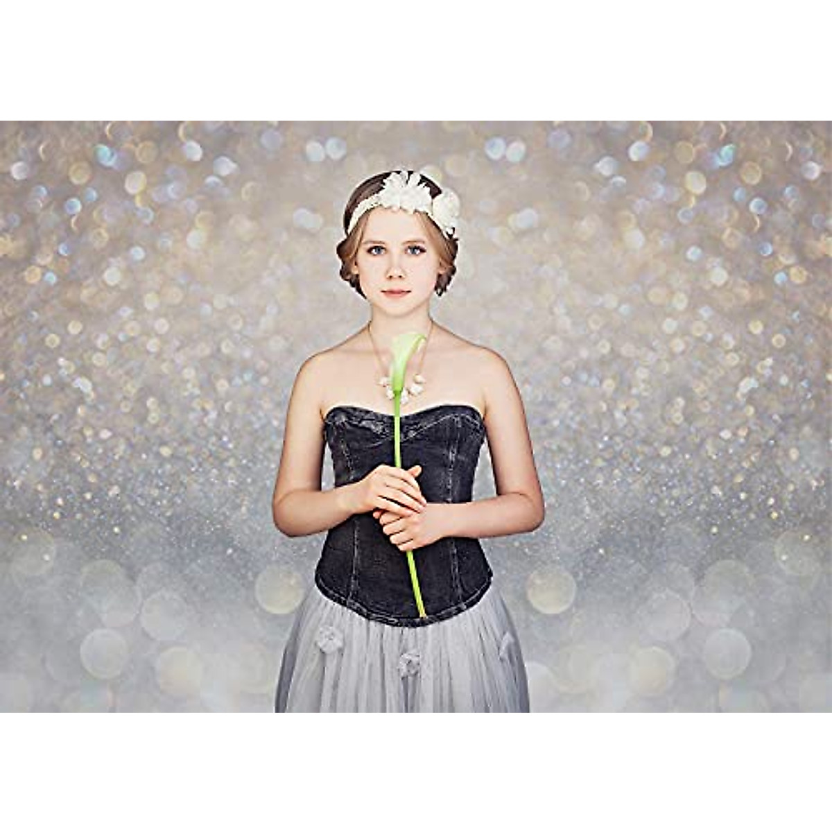 Mocsicka Silver White Bokeh Photography Backdrop Golden Spots Sparkle (No Glitter) Background Weeding Baby Shower Birthdat Newborn Baby Portrait Photo Studio Props (7x5ft (82x60 inch))