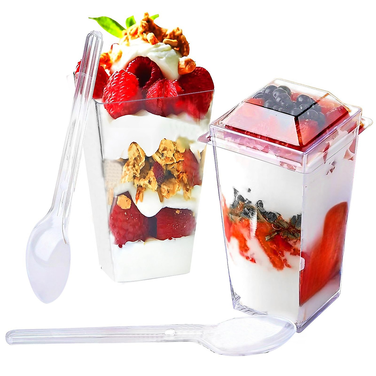 KETWOD 40 3OZ mini dessert cups+40 lids+40 spoons, 3-ounce transparent square dessert cups (40 dessert cups+40 lids+40 spoons)