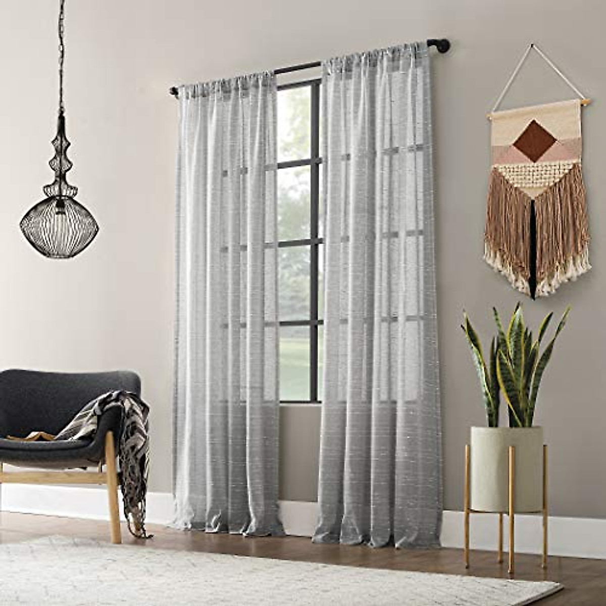 Clean Window Textured Slub Stripe Anti-Dust Allergy/Pet Friendly Sheer Curtain Panel, 52" x 95", Gray