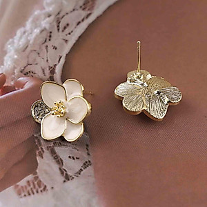 Sttiafay Vintage Enamel Flower Stud Earrings Camellia Flower Earrings Gold Crystal Flower Petal Earrings White Petal Stud Earrings Jewelry for Women and Girls