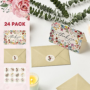 Artoid Mode 24 Pack Vintage Wildflower Thank You Cards Flower Greeting Cards Gift With Envelope Sticker Blank Note Cards for Birthday Wedding Baby Shower Bridal Shower, 4 x 6 Inch