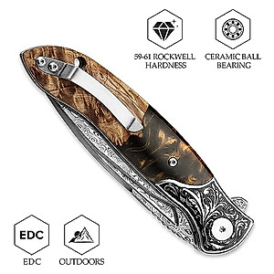 TRIVISA Damascus Folding Knife for Men,3.6'' Hand Forged 110 Layers Steel Hunting Blade,Resin and Wood Handle with Pocket Clip,Virgo-07Y