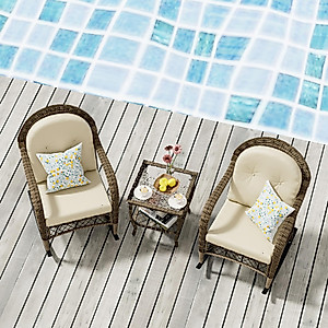 BALDPER 3 Pieces Patio Conversation Set, Lounge Rocking Chair with Cushion & Coffee Table, Wicker Bistro Set, Outdoor Furniture Set for Porch, Deck, Backyard, or Poolside, Beige
