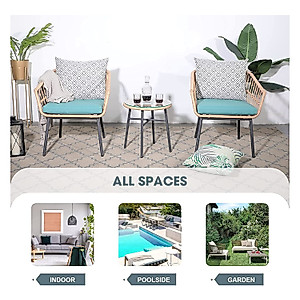 SWISH WEAVERS 3 Piece Patio Bistro Set Outdoor Furniture All-Weather Wicker Conversation Set with Tempered Coffee Table and Wicker Chairs for Garden Balcony Backyard Yard Poolside (Green)