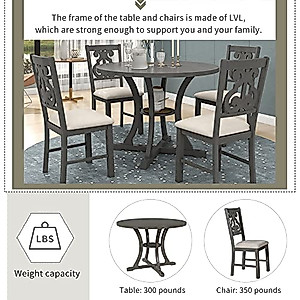 OYN 6 5-Piece Kitchen Furniture, Wooden Dining Room Upholstered Chairs,Special-Shaped Round Table W/Bottom Shelf Sets for 4 Persons Family Meal, Gray, Grey