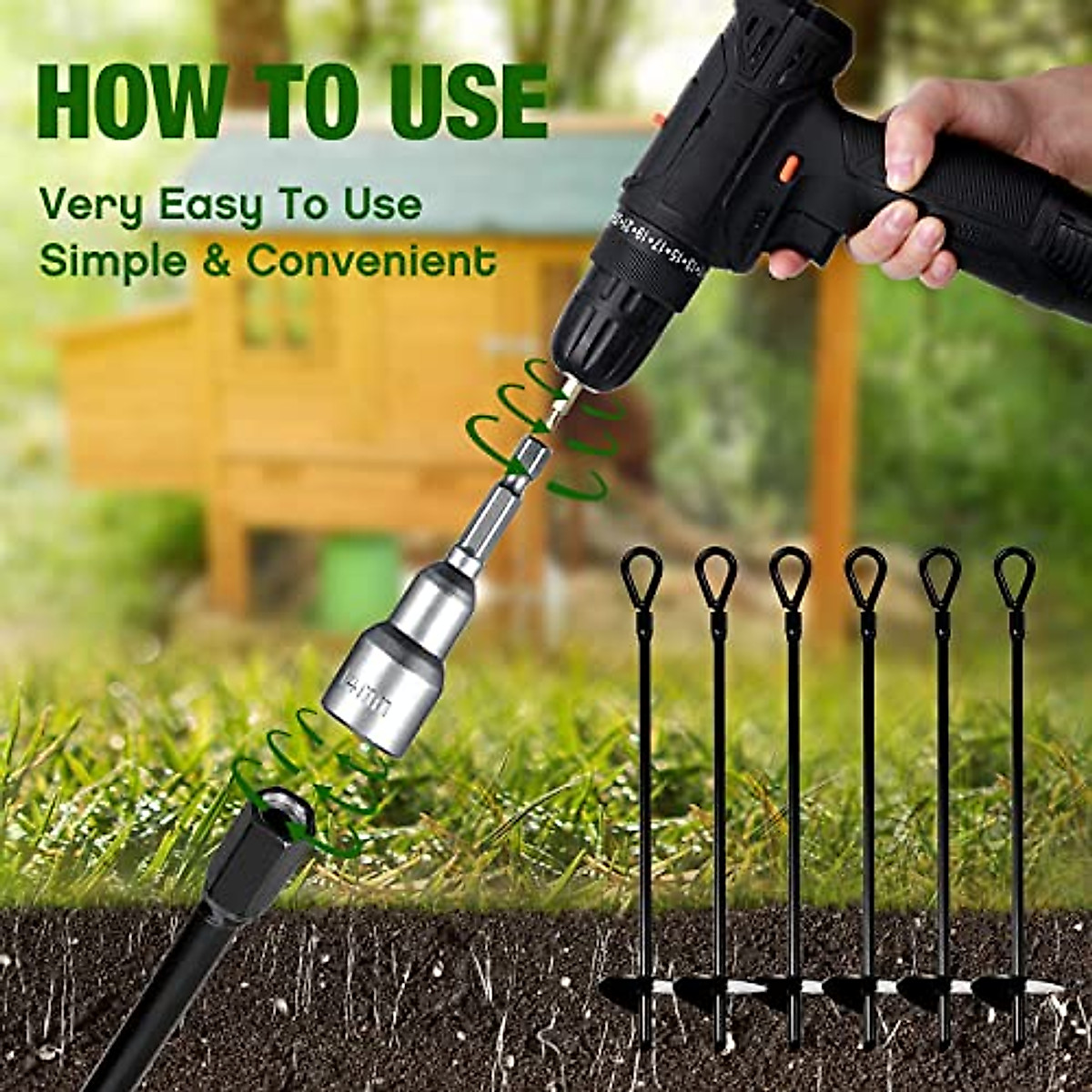 Tondiamo 18 Inch Long Ground Anchor Kit, 3 Inch Wide Helix, Heavy Duty Earth Augers Solid Steel Shaft with Drill Bit for Tents, Swing Sets, Securing Animals, Canopies, Trampoline, Sheds (Black, 6 Pcs)