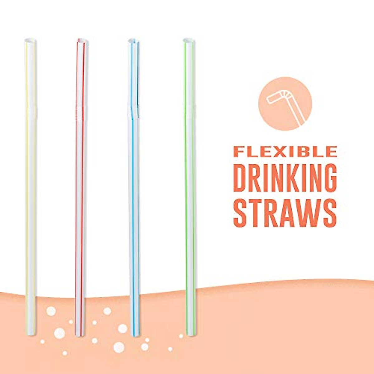 [250 Pack] Striped Flexible Plastic Drinking Straws Disposable Straw 8'' inches Tall Assorted Colors