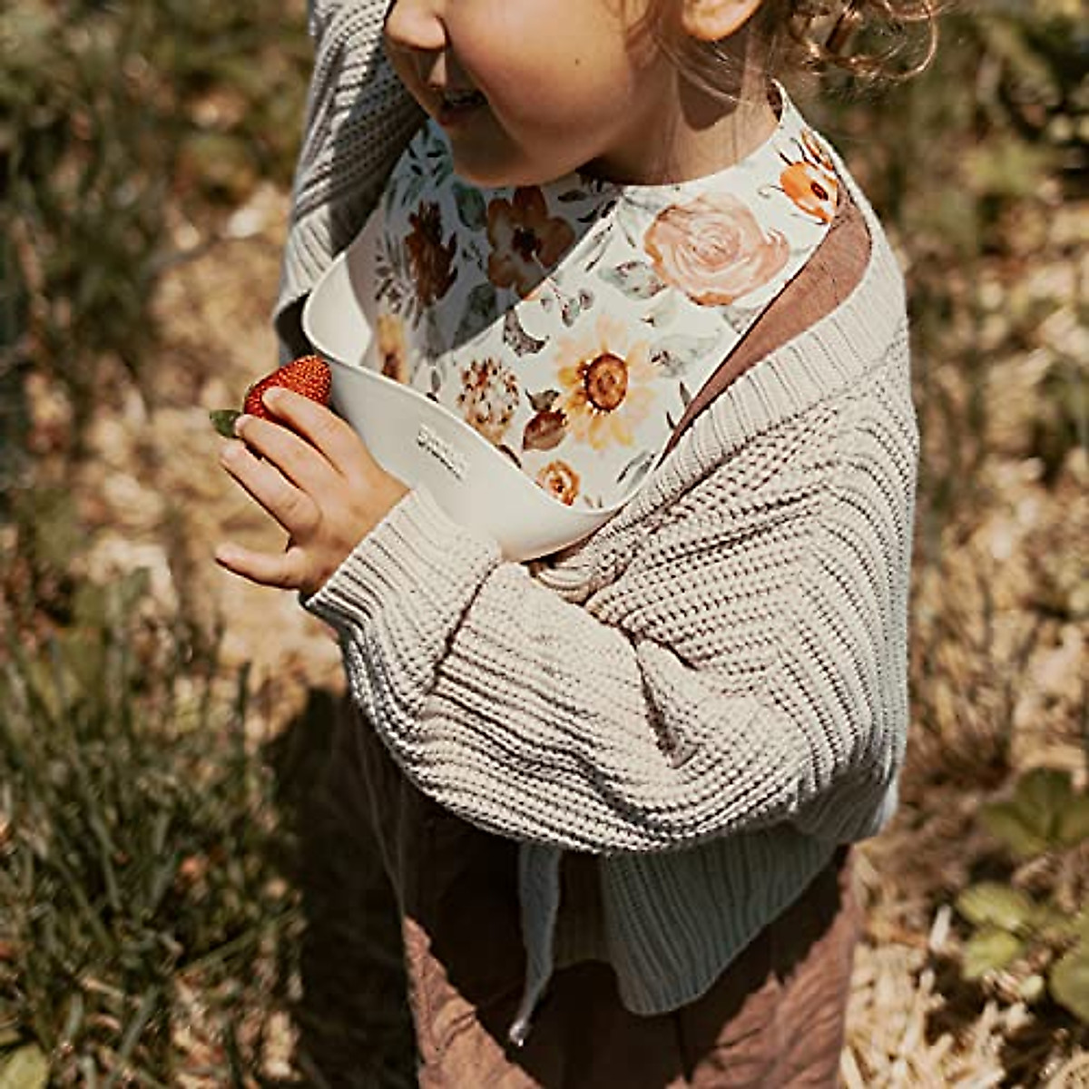 Stadela Baby Silicone Feeding Bib, Waterproof Adjustable, Baby Girl, Floral Bohemian Print with Flowers