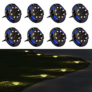 Solar Ground Lights Outdoor 8Pack 8 LED Solar Disk Lights,Solar Disc Lights Outdoor Waterproof,In ground Solar Garden Lights for Pathway Lawn Yard Deck Walkway Driveway(Warm White+Blue light)