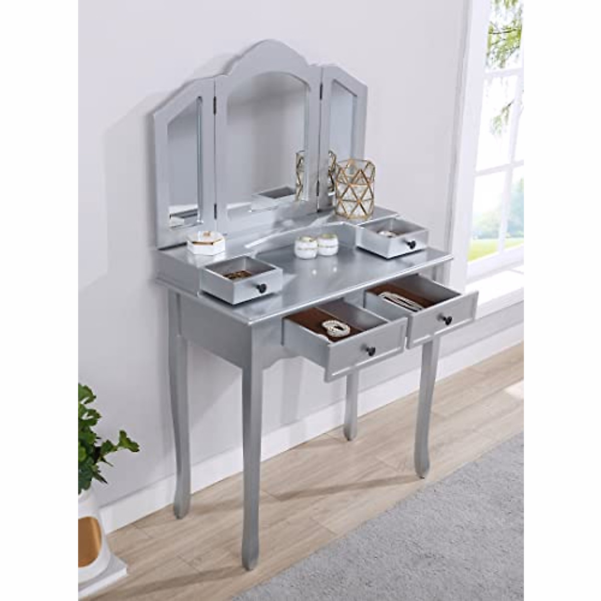 Roundhill Furniture Sanlo Wooden Vanity | Make Up Table and Stool Set | Silver