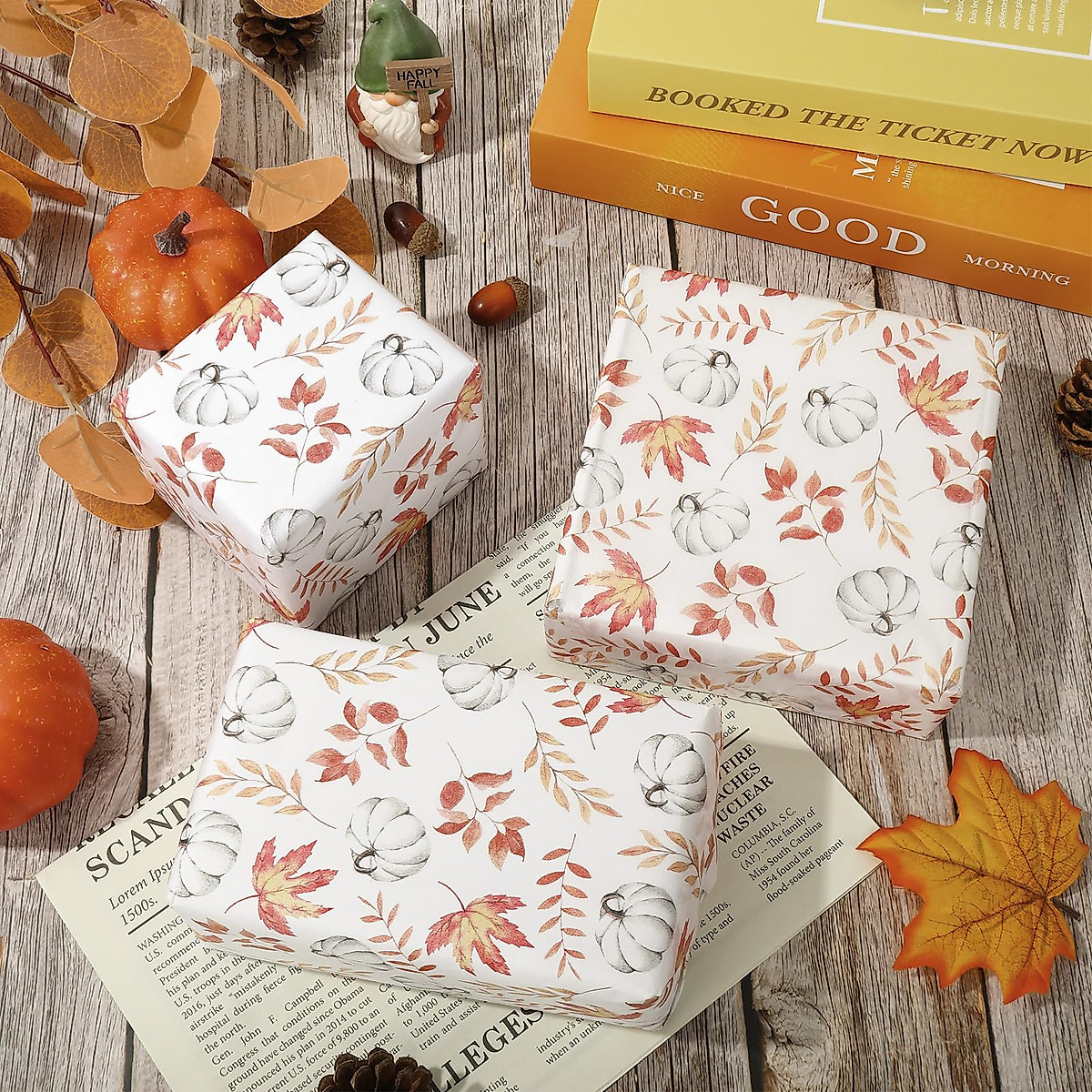 Generic AnyDesign 100 Sheets Fall Tissue Paper Pumpkin Leaves Art Tissue Autumn White Orange Wrapping Paper for Thanksgiving DIY Crafts Gift Packing, 19.7 x 13.8 Inch