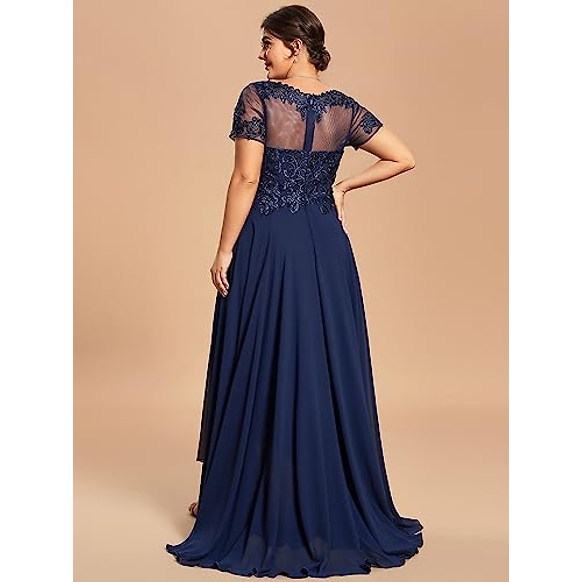 Ever-Pretty Women's Custom Plus Size Elegant Round Neck Embroidered Floor-Length A Line Formal Dresses Navy Blue US26