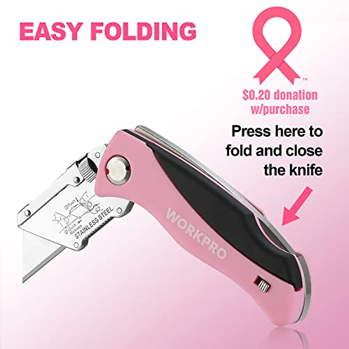 WORKPRO Folding Utility Knife, Quick Change Box Cutter, Pink Razor Knife for Cartons, Cardboard, Boxes with Blade Storage Design, Extra 15 Blades Included - Pink Ribbon