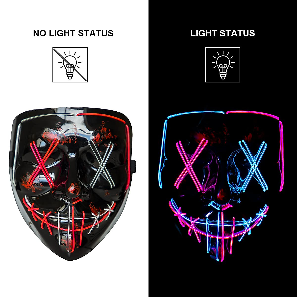 Poptrend Halloween Mask LED Light up Mask Scary mask for Festival Cosplay Halloween Costume Masquerade Parties,Carnival,Gift (Pink+ice Blue)