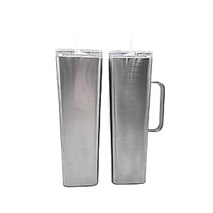 Boxy Double-Wall Insulated Stainless Steel Tumbler Set, 20oz, 2-Pack with Handle and Without Handle, Includes Lids and Straws