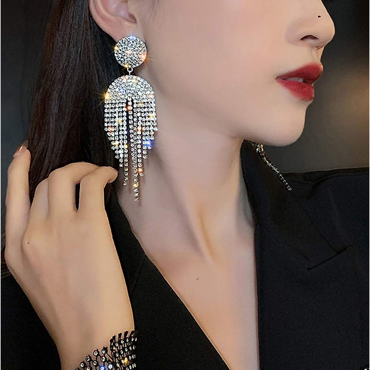 Missgrace Bohemian Dainty Full Rhinestones Statement Drop Dangle Earrings for Women Fashion Girls Tessels Earrings Set Silver Stud Hoops Bar Earrings Set for Women (Pattern 1)
