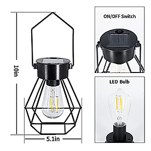 Hanging Solar Lanterns Outdoor Decor - 2 Pack Solar Decorative Table Lights with Edison Bulbs for Patio Waterproof (Black)