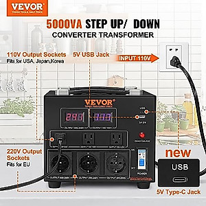 VEVOR Voltage Converter Transformer, 5000W, Heavy Duty Step Up/Down Transformer, Convert from 110 Volt to 220 Volt and from 220 Volt to 110 Volt, with US Outlet EU Outlet 5V USB Port, CE Certified