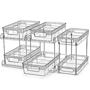 VIVAIVE 2 Tier Bathroom Organizer with Dividers,3 Set Clear Under Sink Organizers Storage Slide Out Bathroom Vanity Counter Storage Container for Kitchen Pantry Cabinet Closet, Medicine Organizer